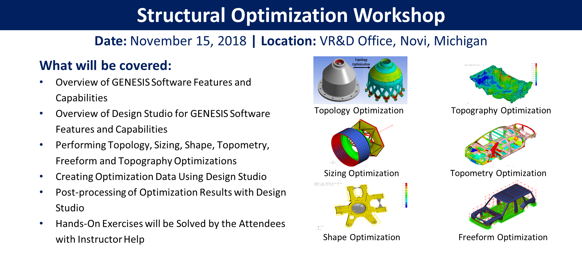 Upcoming optimization workshops - November 15 and 16, 2018 - Vanderplaats